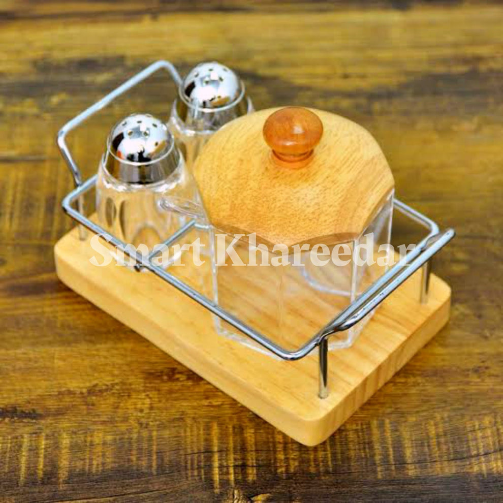 3 pc Cruet Set with Wooden Base | Tabletop Sugar pot and Shakers – Smart Khareedar